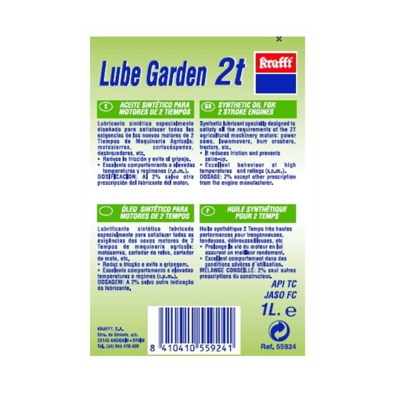 ACEITE KRAFFT LUBE GARDEN 2T PARA MOTORES DE 2 TIEMPOS (1lt ) ref. 55924