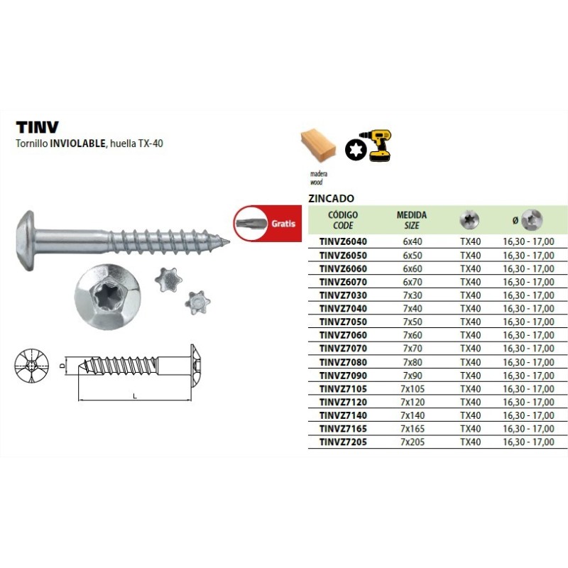 TORNILLO INVIOLABLE 6x60 ZN TORX T-40 CAJA 100 UDS INVZ6060