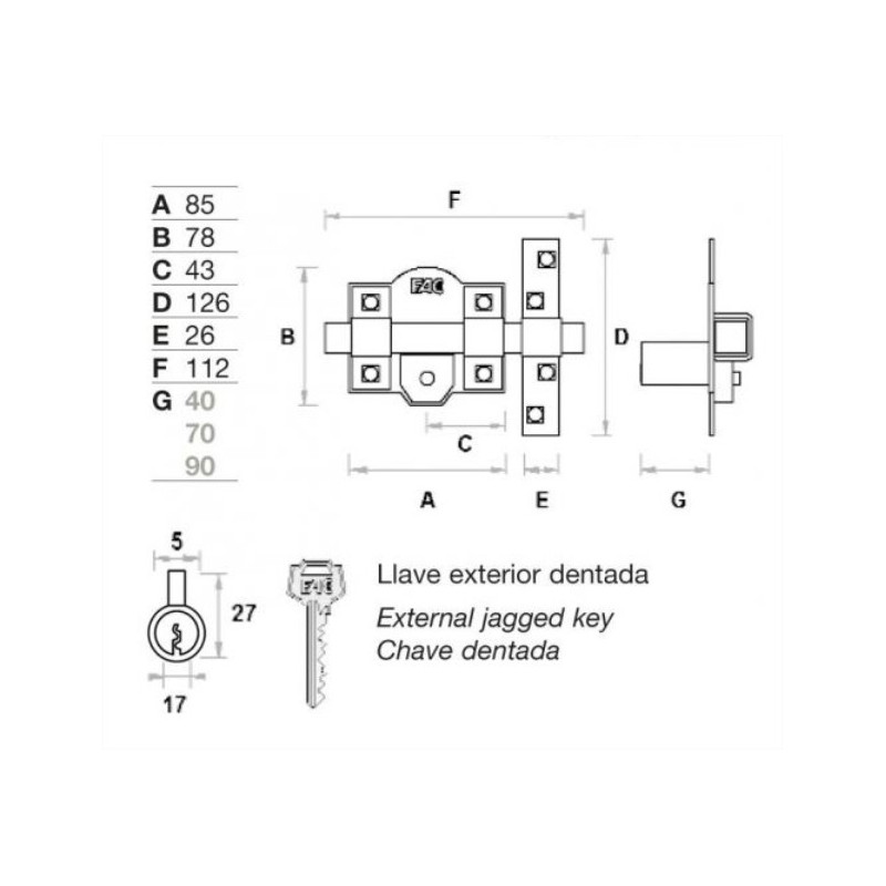 CERROJO FAC NIQUELADO 300-R/80-DCHA U.E. CON BOMBILLO DE 90mm.