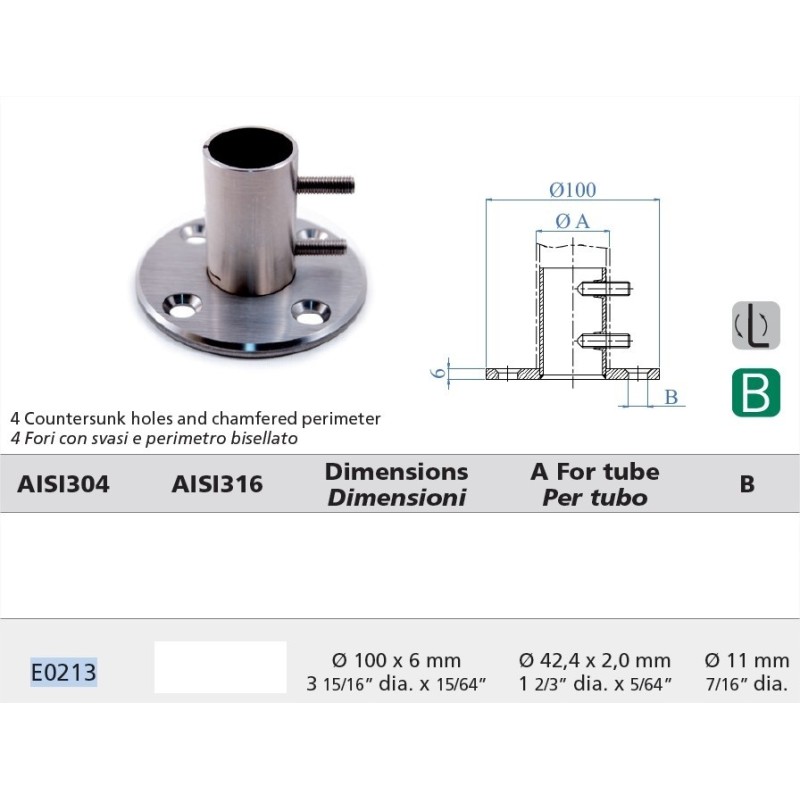 BASE DE ANCLAJE INOXIDABLE PARA TUBO DE Ø42,4mm ref. E0213